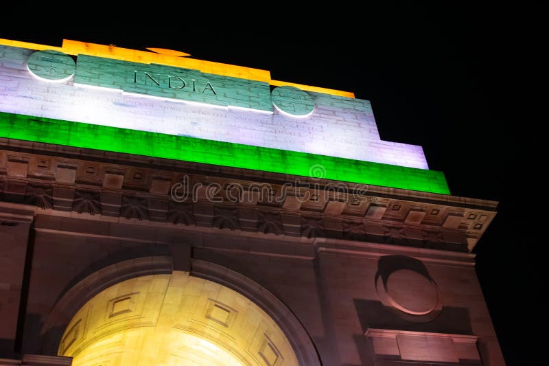 Image of India Gate at Night with India Flag Colors Projected on it ...