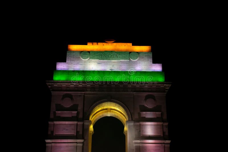 Image of India Gate at Night with India Flag Colors Projected on it ...