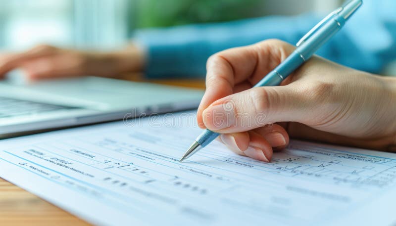 In the Image, an Individual is Using a Pen To Write on a Sheet of Paper ...