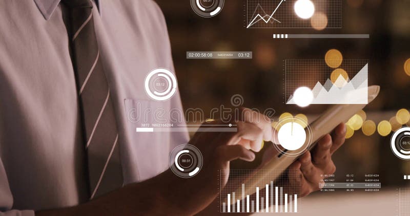 Image of Infographic Interface and Cropped Caucasian Businessman Using ...