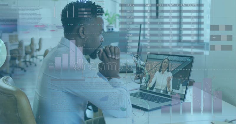 Image of Infographic Interface, Diverse Coworkers Discussing Reports ...