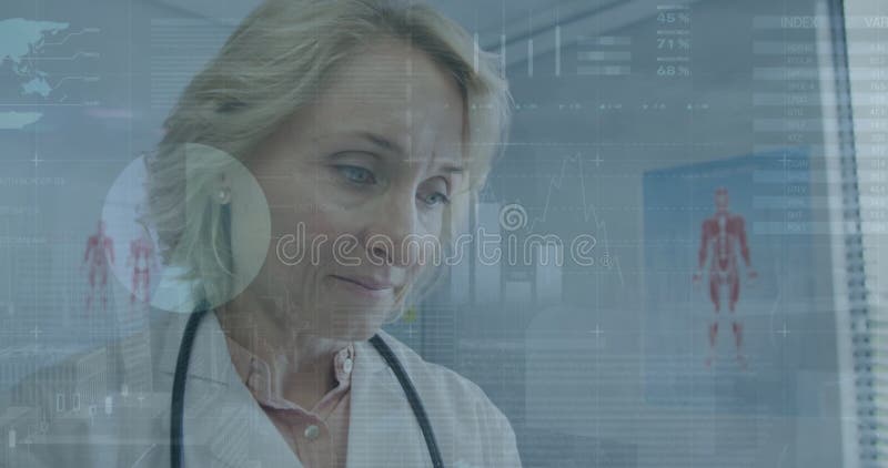 Image of Infographic Interface, Low Angle View of Female Doctor Using ...