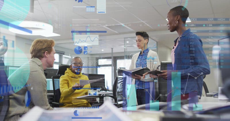 Image of Infographic Interface and Multiracial Colleagues Discussing ...