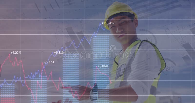 Image of Infographic Interface Over Asian Male Engineer with Blueprint ...