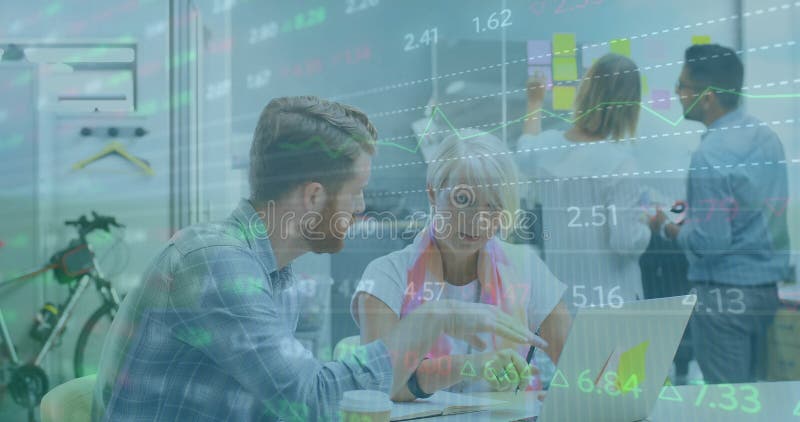 Image of Infographic Interface Over Caucasian Colleagues Analyzing ...