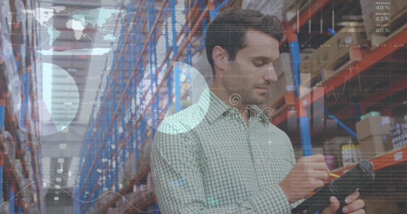 Image of Infographic Interface Over Caucasian Man Checking Inventory in ...