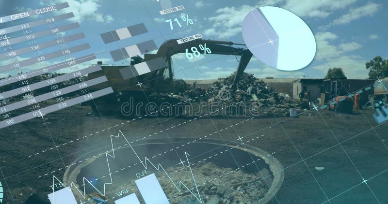 Image of Infographic Interface Over Crane Piling Up Metal Scrap in ...