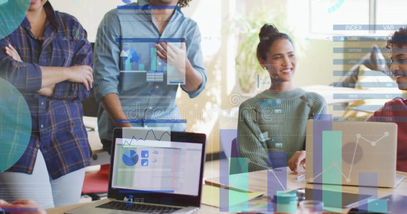 Image of Infographic Interface Over Diverse Cheerful Colleagues Talking ...