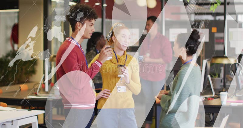 Image of Infographic Interface Over Diverse Colleagues with Coffee Cup ...