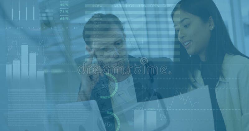 Image of Infographic Interface Over Diverse Colleagues Discussing ...