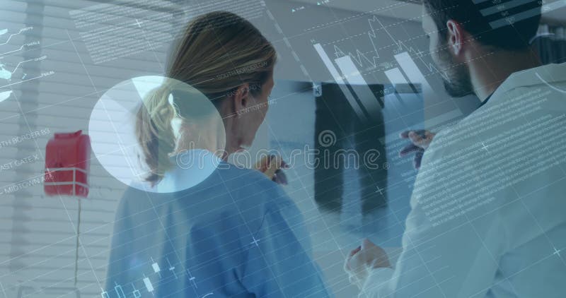 Image of Infographic Interface Over Diverse Doctors Analyzing X-ray ...