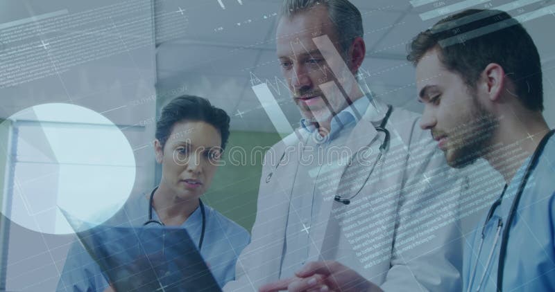 Image of Infographic Interface Over Diverse Doctors Discussing Patient X-ray in Hospital Stock ...