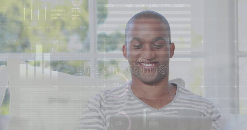 Image of Infographic Interface Over Smiling African American Man Using ...