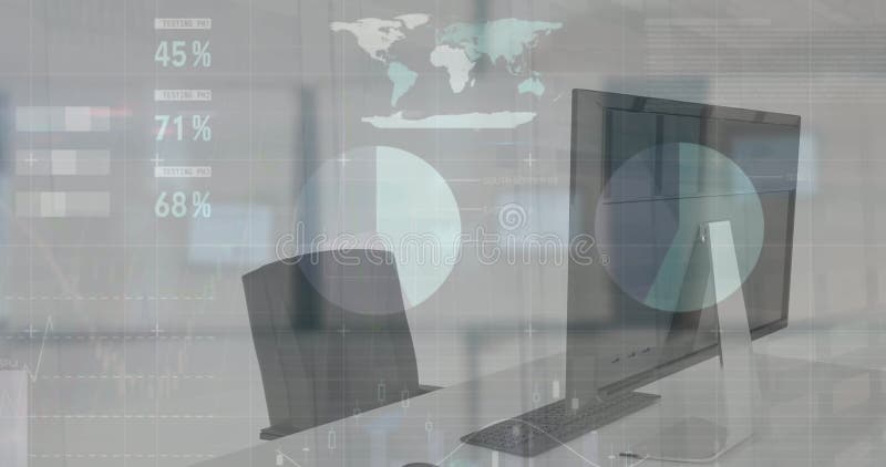 Image of Infographic Interface Over Unoccupied Chair and Computer and ...