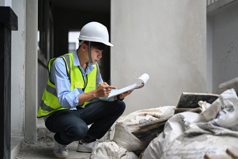 Image of Inspector or Engineer Writing on Clipboard, Checking Building ...