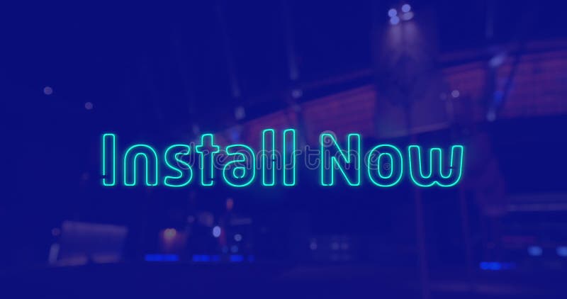 Image of Install Now Text Over Cityscape at Night on Blue Background ...