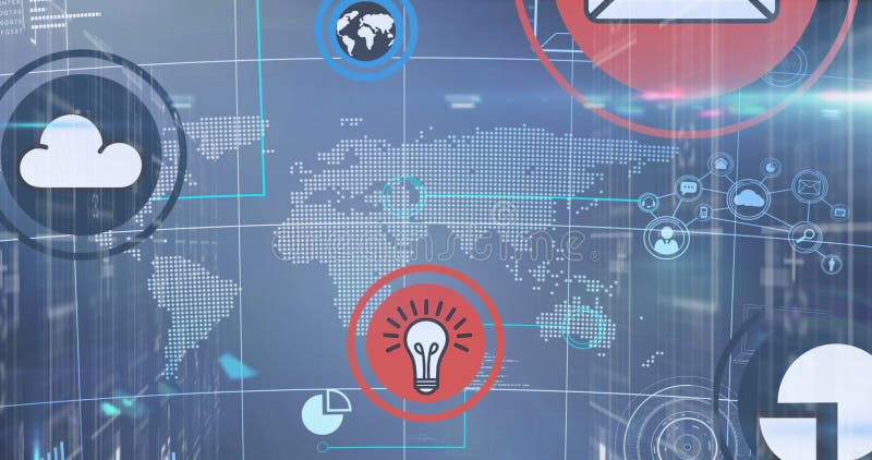 Image of Interface with Cloud and Data Sharing Icons Over World Map and Data Processing Stock ...