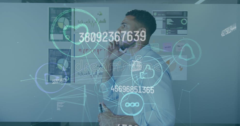 Image of Interface with Connected Media Icons with Man Talking on Phone ...