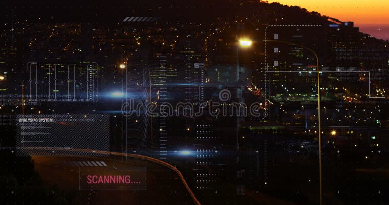 Image of Interface with Data Processing Against Aerial View of City ...