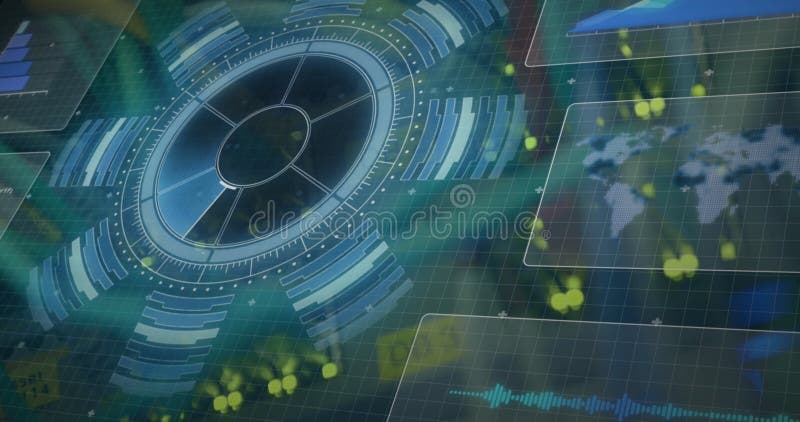Image of Interface with Data Processing and Round Scanner Over Close Up of a Computer Server ...
