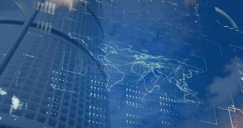 Image of Interface with Data Processing and World Map Against Low Angle ...