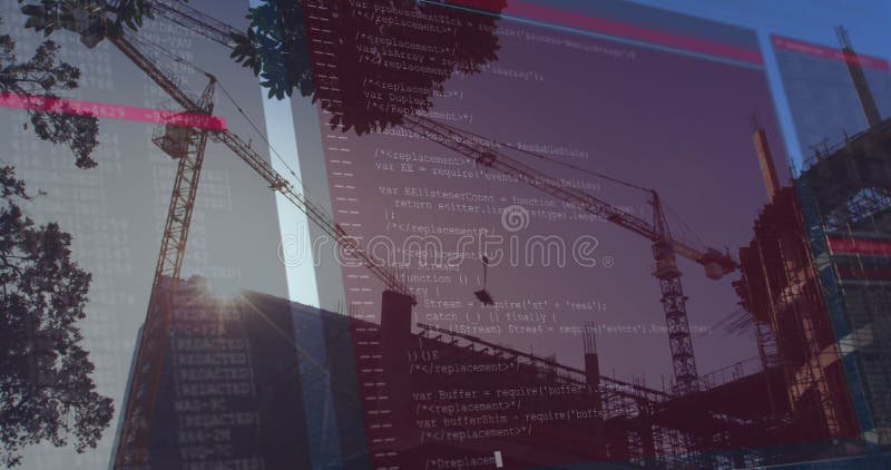 Image of Interface Display with Scrolling Information Text Over Cranes ...