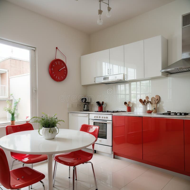 Interior of Light Kitchen with Red Fridge White Counters and Dining ...