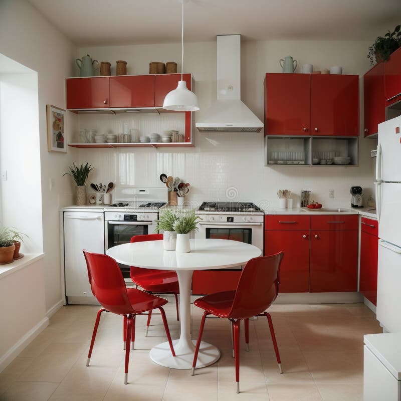 Interior of Light Kitchen with Red Fridge White Counters and Dining ...