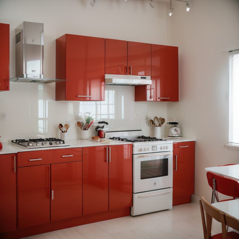 Interior of Light Kitchen with Red Fridge White Counters and Dining ...
