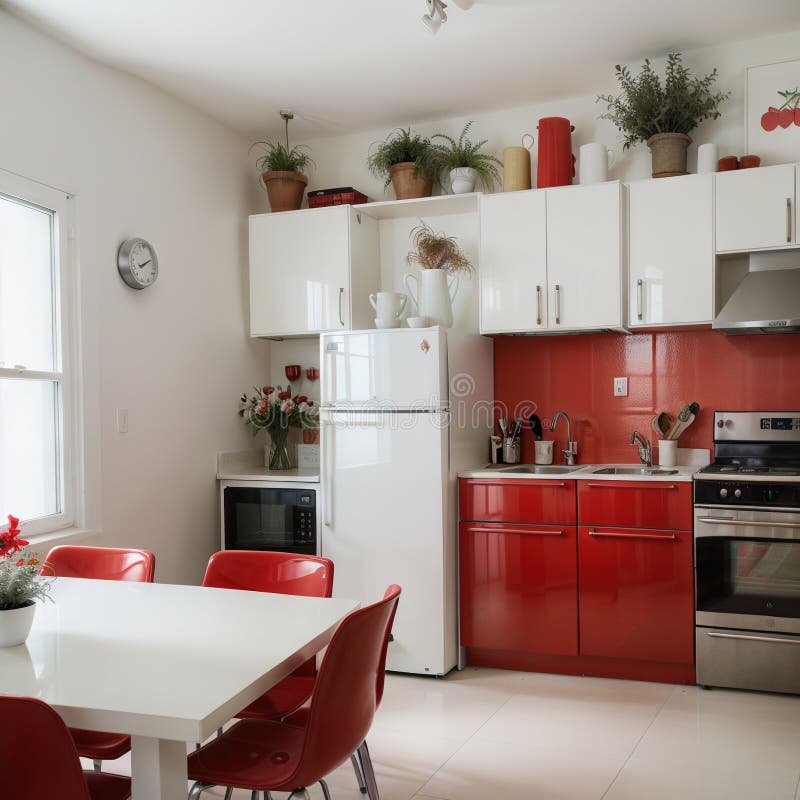 Interior of Light Kitchen with Red Fridge White Counters and Dining ...