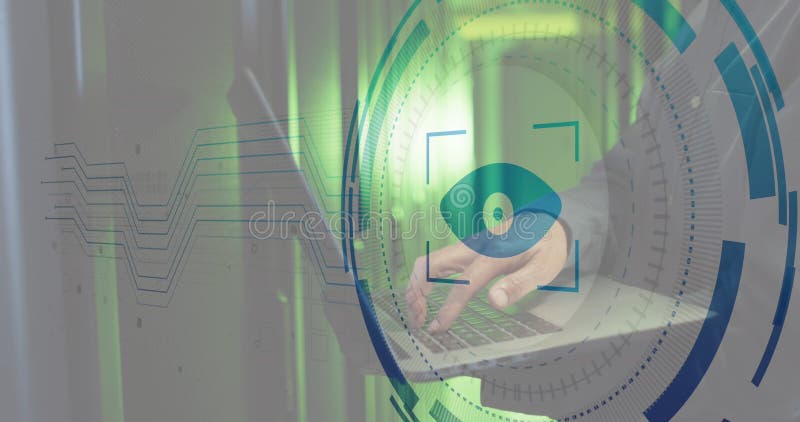 Image of Iris Scanner Against Mid Section of Male Engineer Using Laptop ...