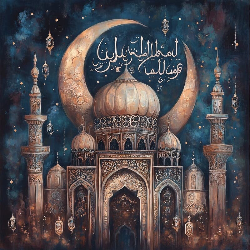 Elegant Islamic Illustration Featuring Mosque, Crescent Moon and Arabic ...
