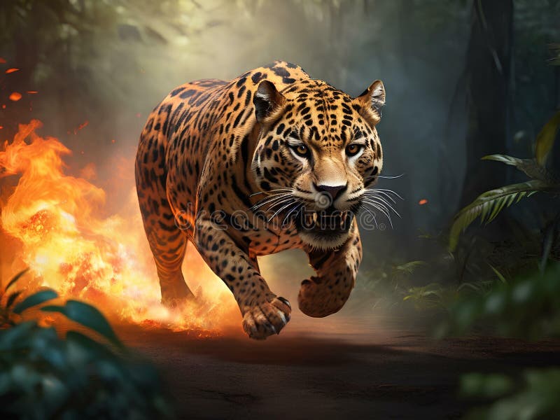 Image of a Jaguar Running Away from a Burning Forest 3 Stock ...