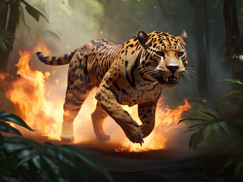 Image of a Jaguar Running Away from a Burning Forest 1 Stock ...