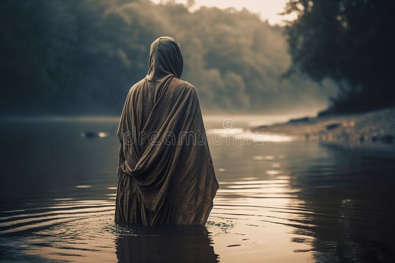 Image of Jesus Christ Dressed in Tunic Standing in Water for Baptism ...