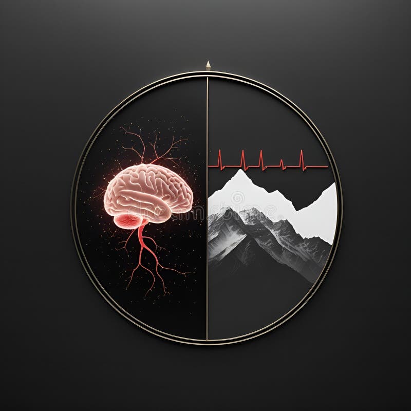 Human Brain and Mountain Range with ECG Heartbeat Line Stock Image ...