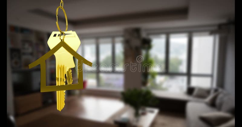 Image of Key with House Keychain Over House Interior Stock Photo ...