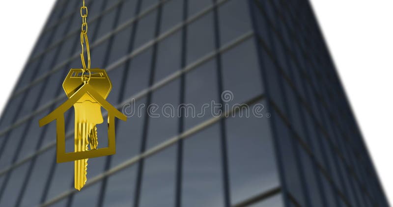 Image of Key in House Keychain Over Low Angle View of Modern Building ...