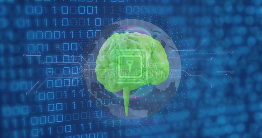 Image of Key Icon, Human Brain, Binary Coding and Data Processing Stock Illustration ...