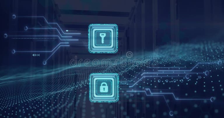 Image of Key and Padlock Icons, Digital Data Processing Over Computer ...