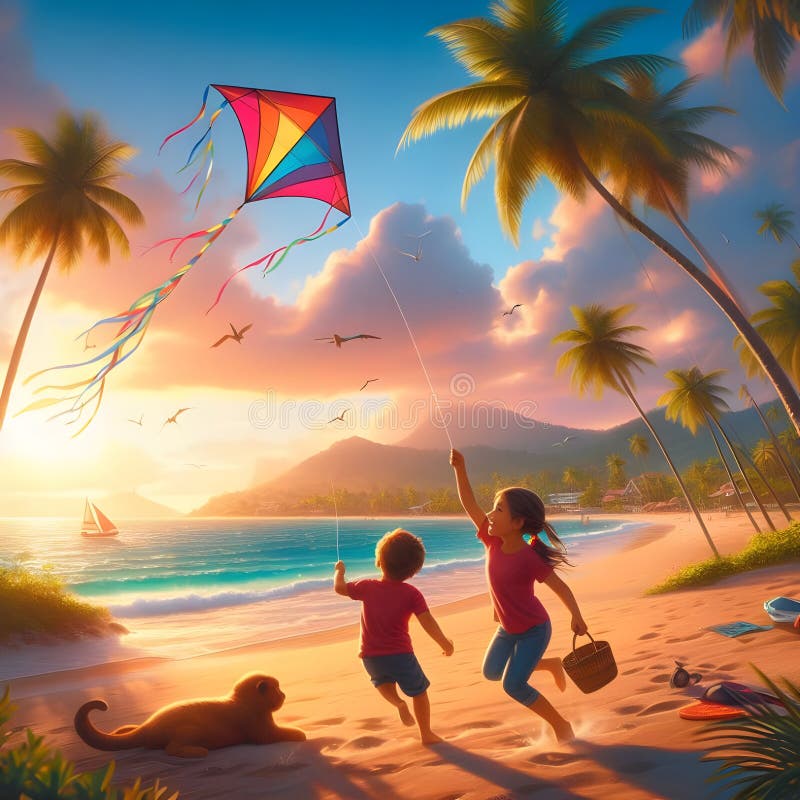 Image of Kids Playing and Flying Kite by the Beach with Beautiful ...