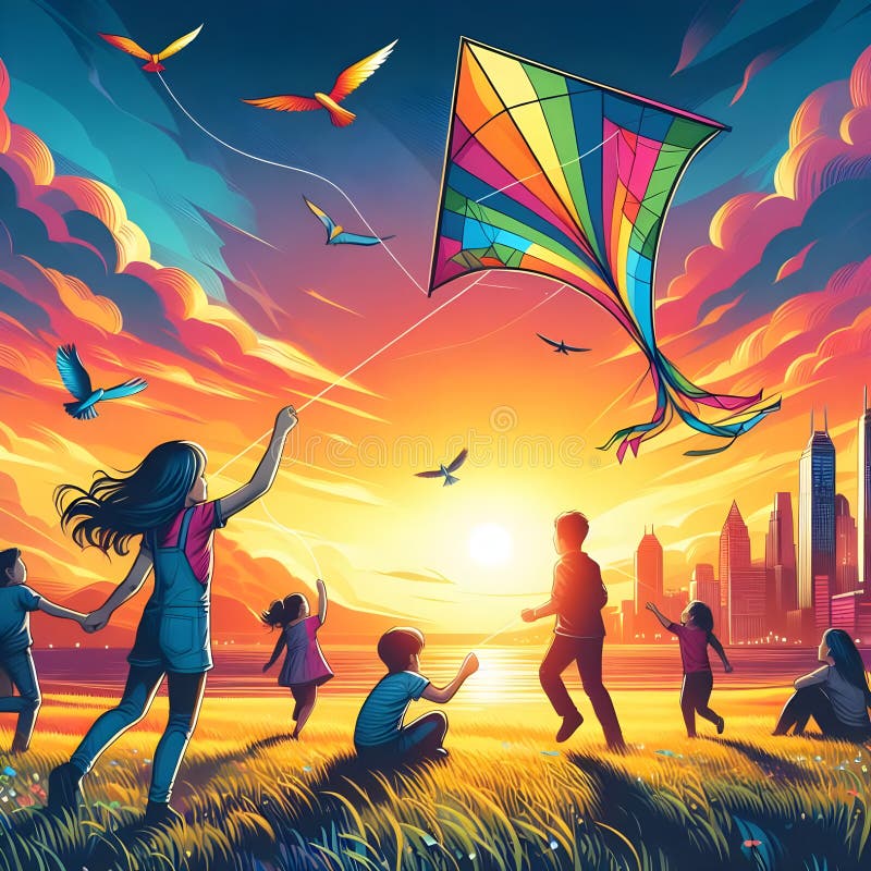 Image of Kids Playing and Flying Kite at the City Park during Beautiful ...