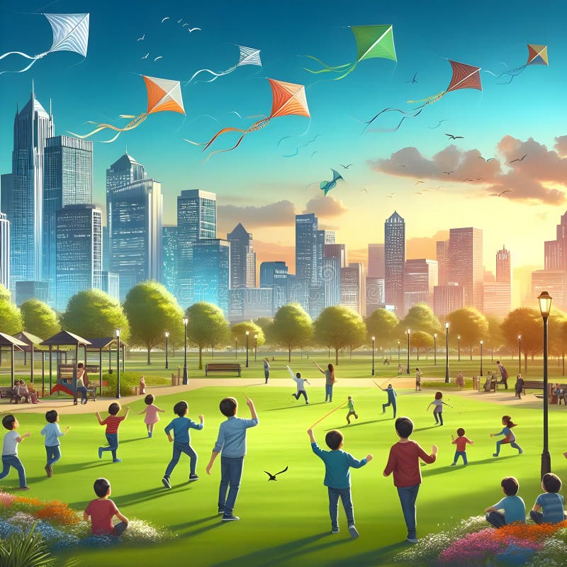 Image of Kids Playing and Flying Kite at the City Park during Beautiful ...