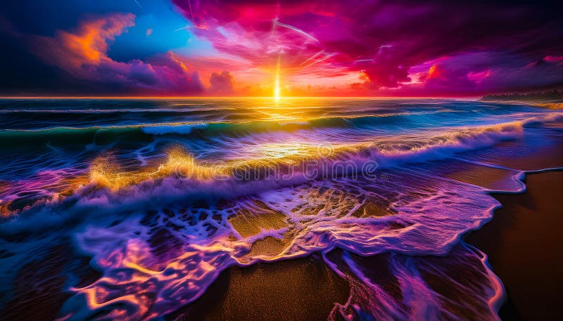 A Image of a Landscape with Dramatic Sea Waves, Beach and Sunset Sky ...