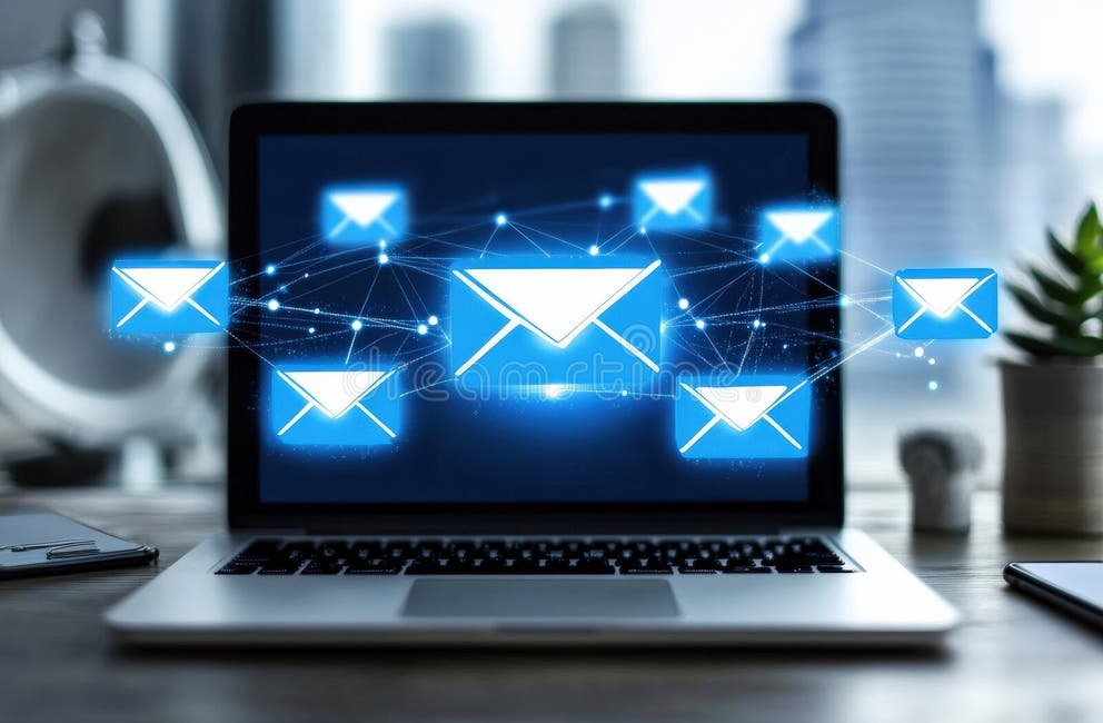 Email Communication on Laptop Stock Illustration - Illustration of ...