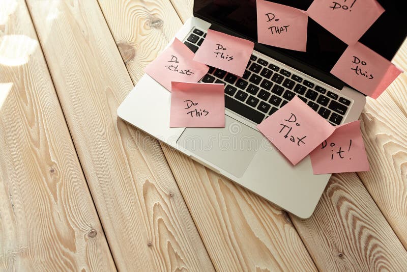 Image of Laptop Full of Sticky Notes Reminders on Screen. Work Overload ...