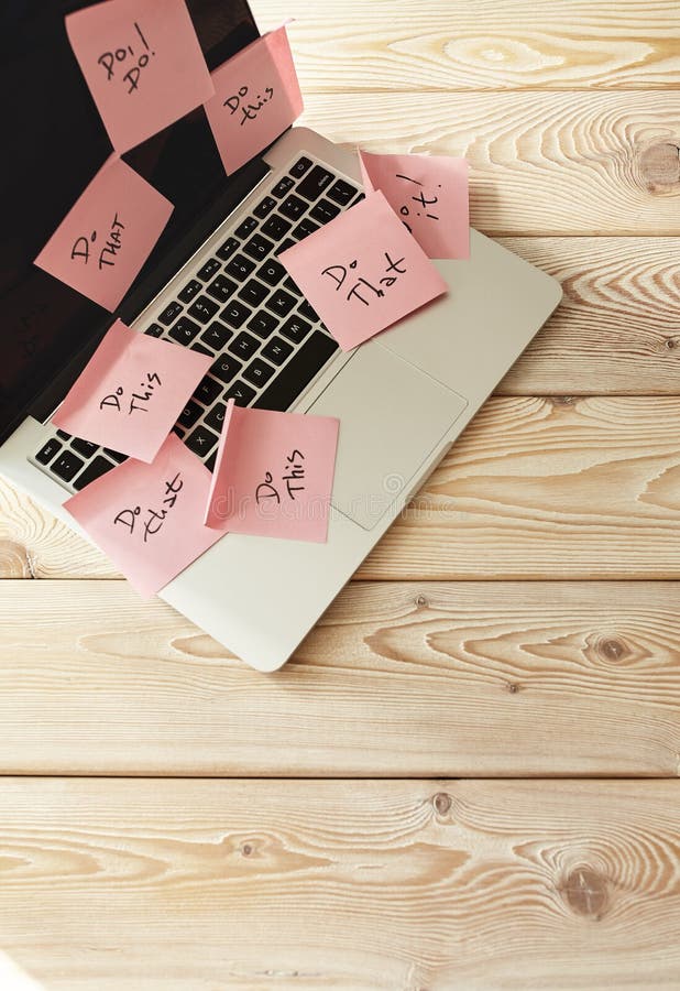 Image of Laptop Full of Sticky Notes Reminders on Screen. Work Overload ...