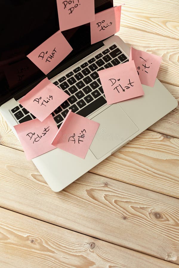 Image of Laptop Full of Sticky Notes Reminders on Screen. Work Overload ...