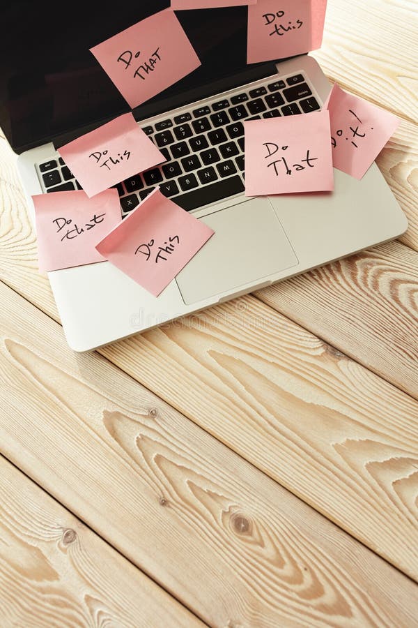 Image of Laptop Full of Sticky Notes Reminders on Screen. Work Overload ...