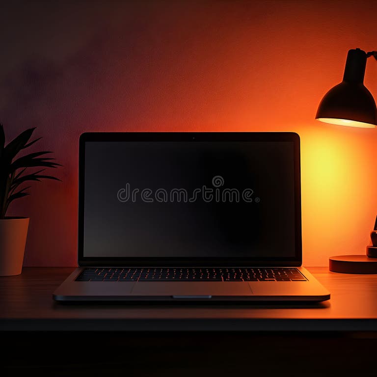 Image of a Laptop Placed on a Table with a Dim Lamp Stock Photo - Image ...